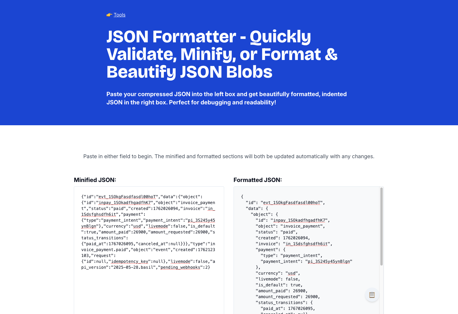 JSON Formatter - Quickly Validate, Minify, or Format & Beautify JSON Blobs